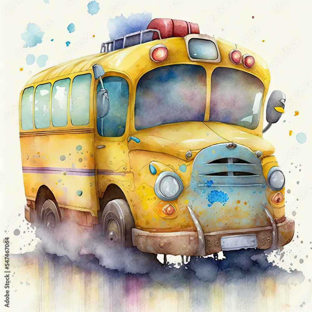 Ilustrace „watercolor school bus digital art, little kids, gender ...