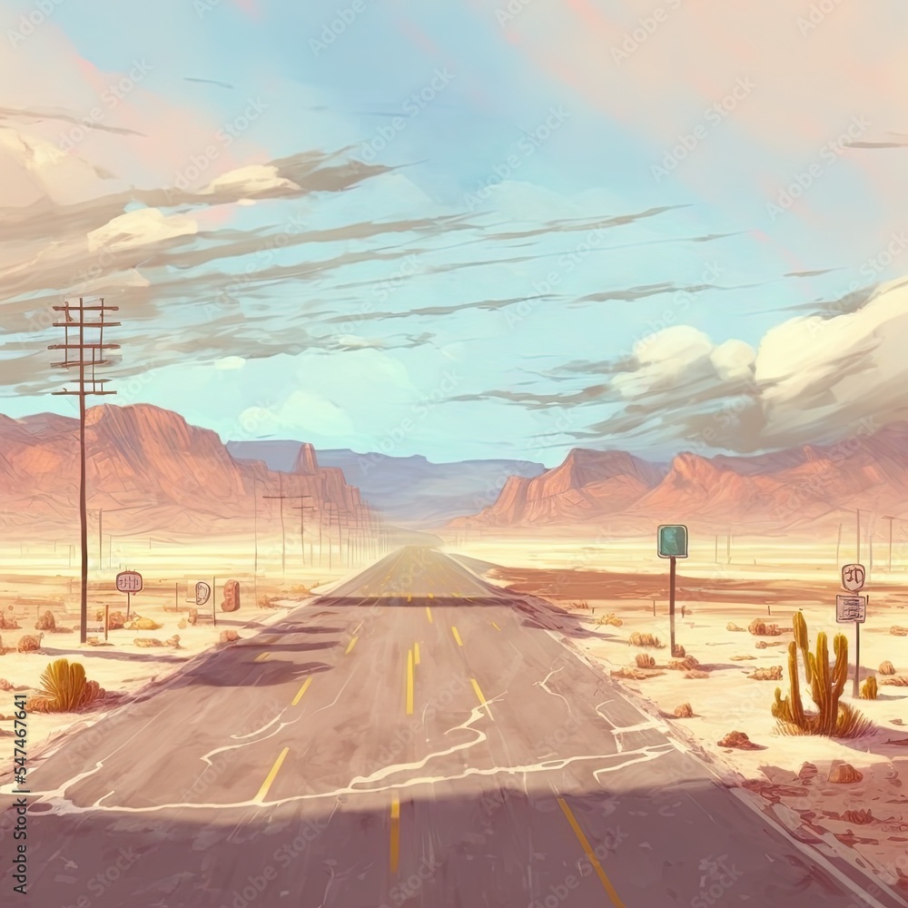 Abandoned road in the desert. Empty road, worn out, digital painting ...