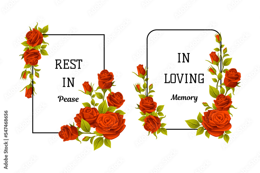 Funeral Red Rose Frame with Quote and Inscription Vector Set Stock ...
