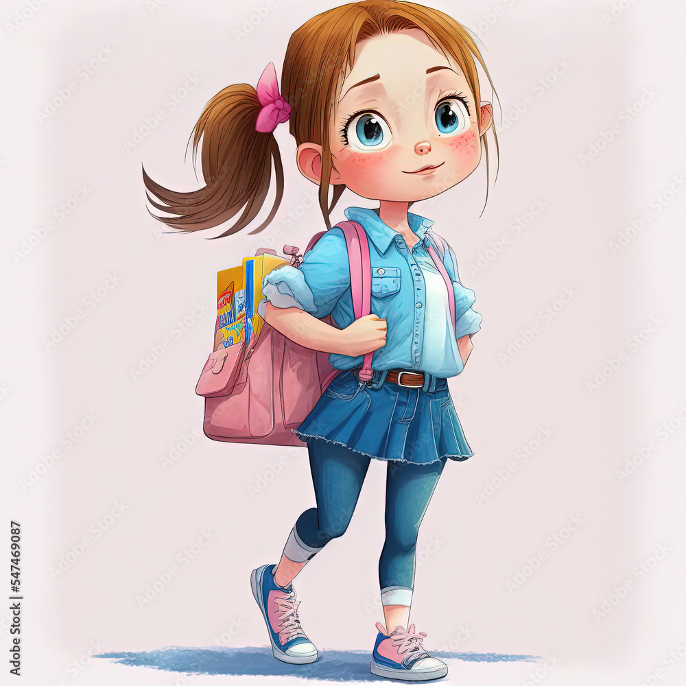 pre teen girl dressed for school with backpack, digital art, nursery ...