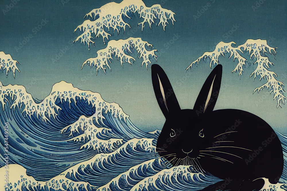 Black rabbit in the ocean waves, black water rabbit, oriental Hokusai ...
