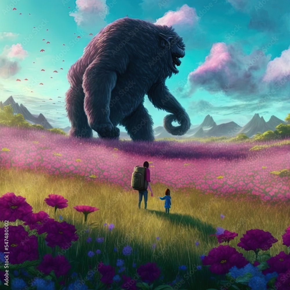 the scene of a giant beast and a girl walking side by side in the ...