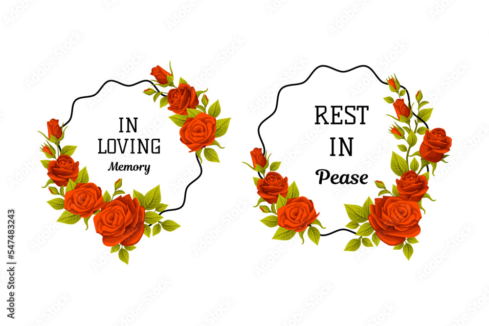 Funeral Red Rose Frame with Quote and Inscription Vector Set Stock ...