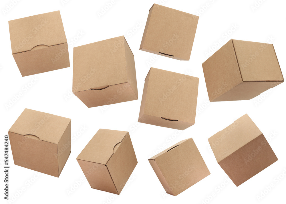 Mock-Up of a group of product box order. Falling dropping flying boxes ...