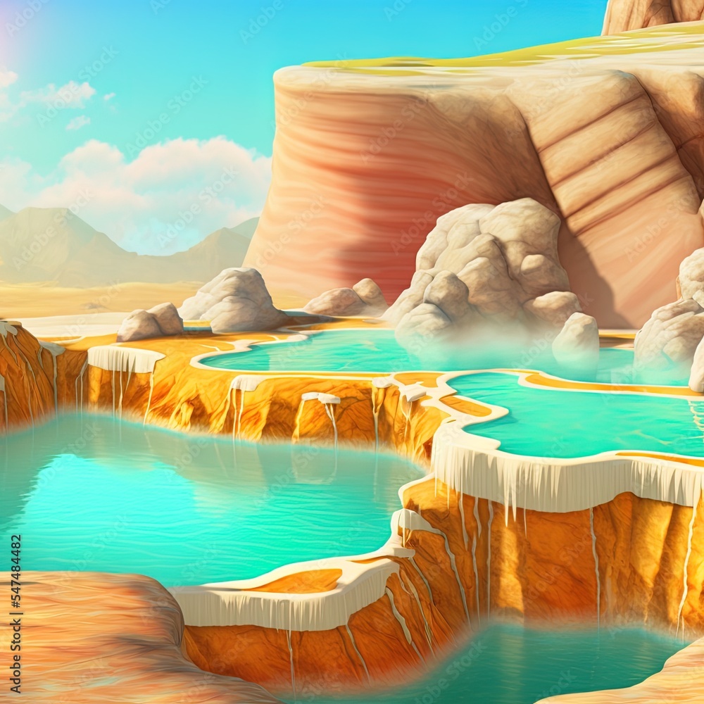 Fantasy landscape. Mineral thermal springs. Natural travertine pool ...
