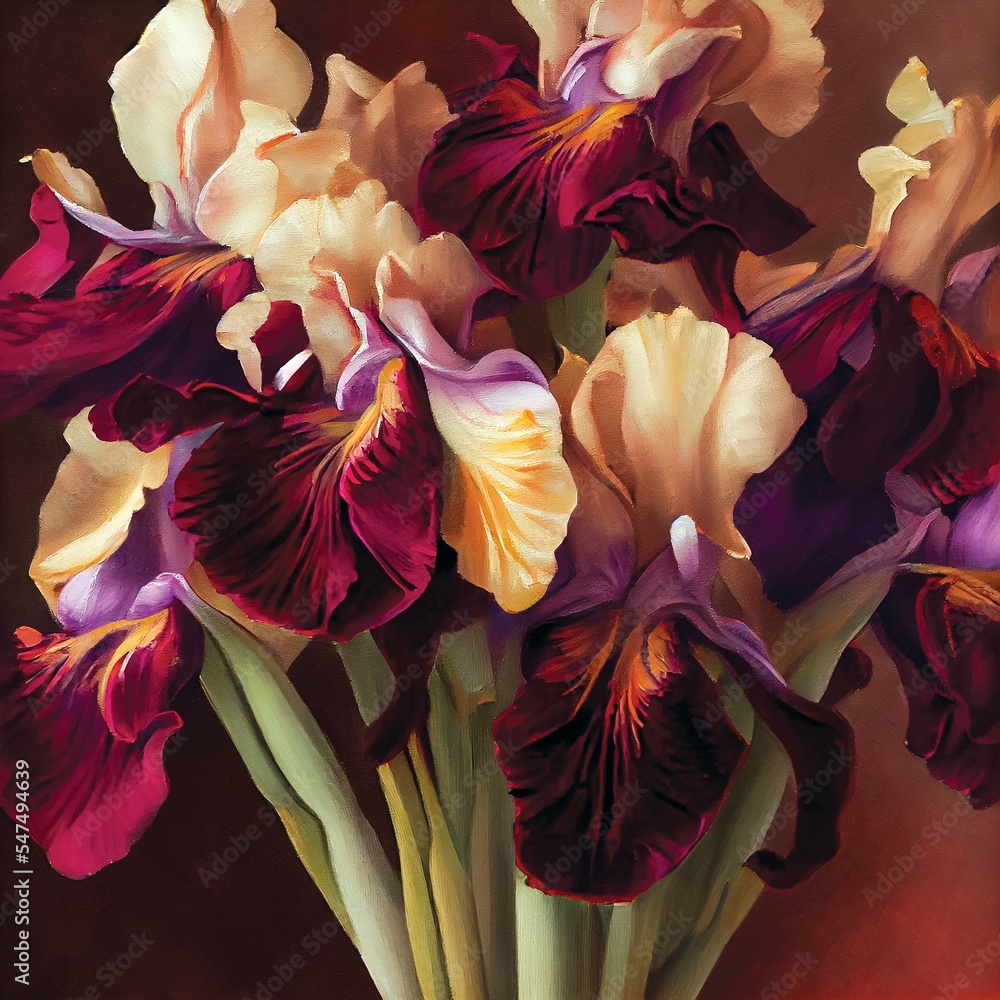 Beautiful dark red irises flowers bouquet, printable square oil ...