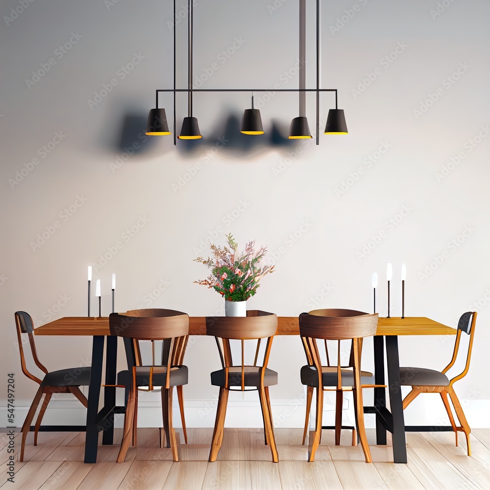 Dining room interior with a long wooden table surrounded by chairs and ...