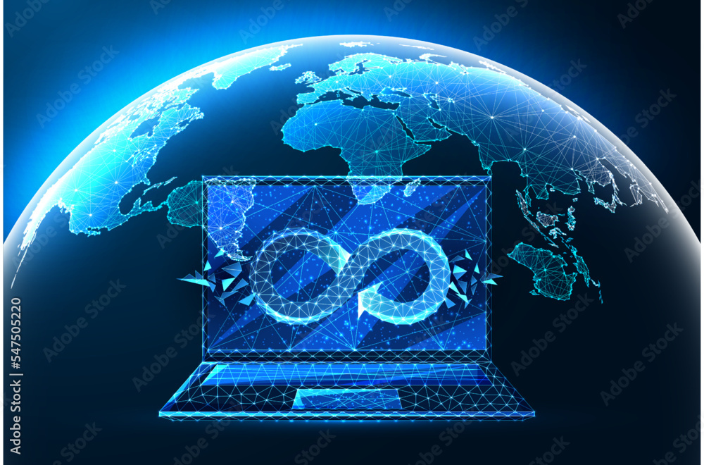 Futuristic Circular economy concept with world map, laptop and infinity ...