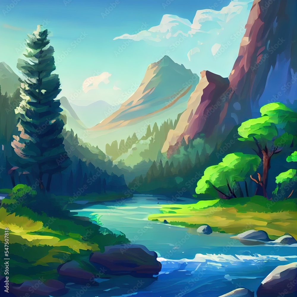 Stockillustratie Impressionism Scenery. Mountain, Tree, River. Fantasy ...