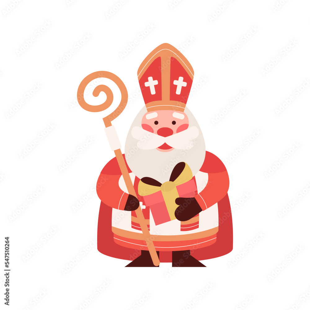 Cute Saint Nicholas or Sinterklaas with gift box and staff. Happy St ...