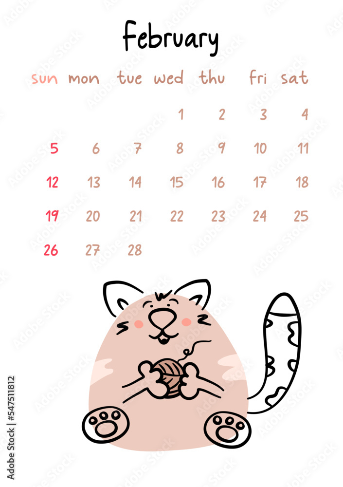 Vertical vector calendar for february 2023 with cartoon cat. Funny hand ...