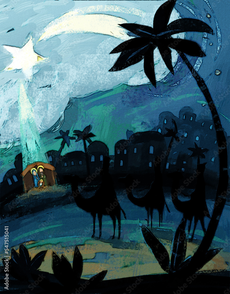 cartoon illustration of the holy family traditional scene ilustração do ...