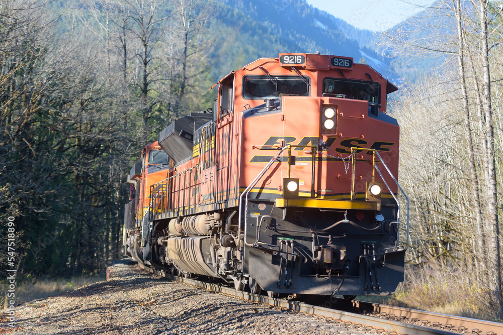 Skykomish, WA, USA - November 18, 2022; BNSF freight train working ...