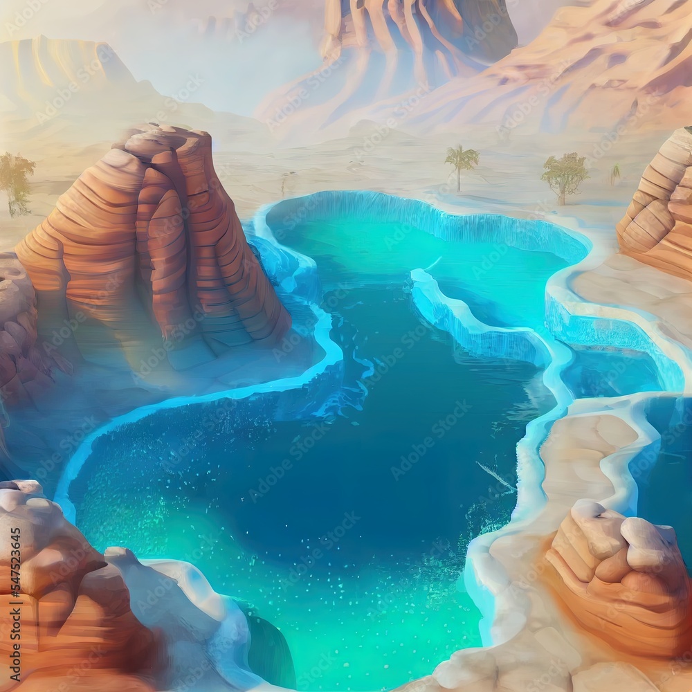 Fantasy landscape. Mineral thermal springs. Natural travertine pool ...