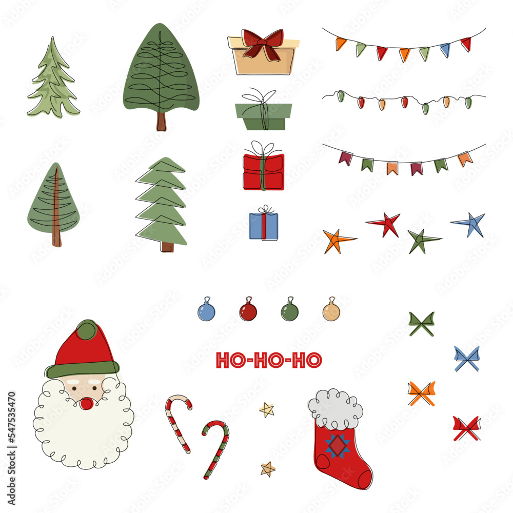 Continuous one line art of Christmas icons with gifts, Santa, sock ...