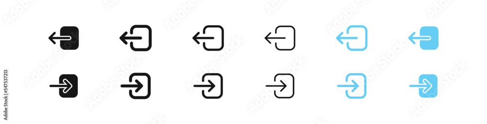 Login icon. Logout sign. Exit and enter symbols. Black and blue color ...
