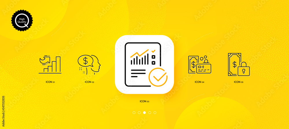 Growth chart, Checked calculation and Private payment minimal line icons. Yellow abstract ...