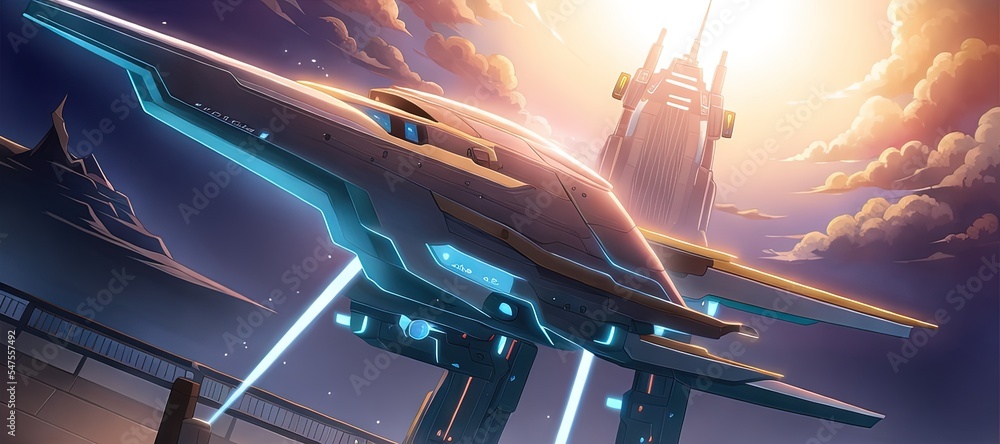 Art for anime series. Spaceship. Sunset. Cloud. Launch. AI generated ...
