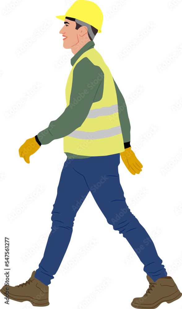 Construction worker walks wearing helmet and vest. Hand-drawn vector ...