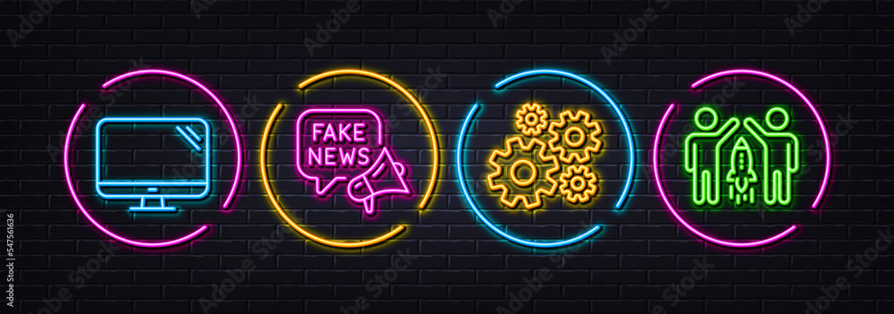 Fake news, Computer and Cogwheel minimal line icons. Neon laser 3d lights. Partnership icons ...