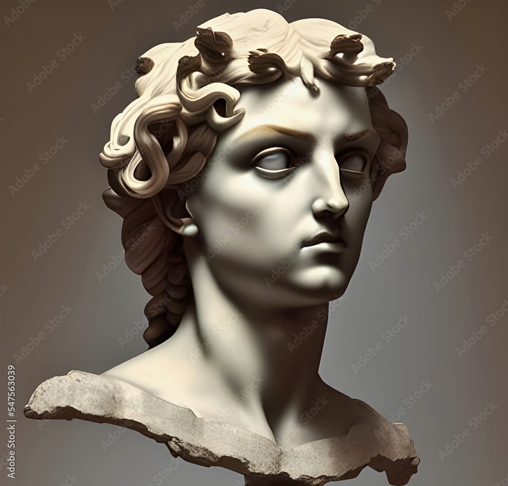 3D illustration of a white marble bust of Medusa, otherwise known as ...