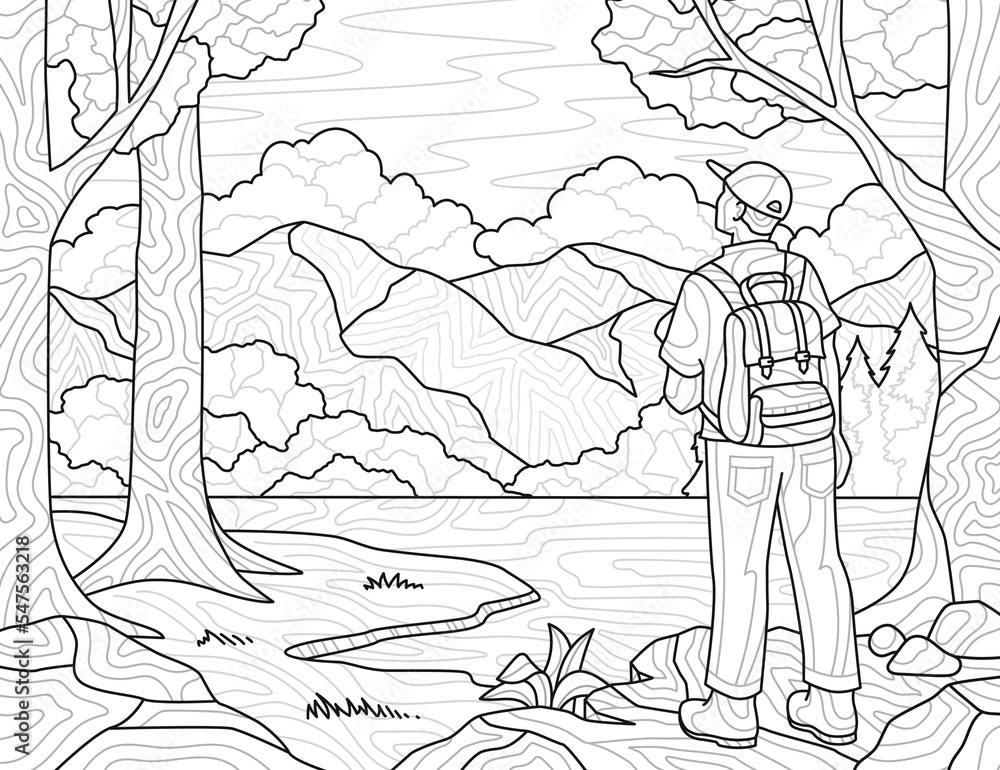 Design for coloring book. Poster with traveler guy looking at forest ...