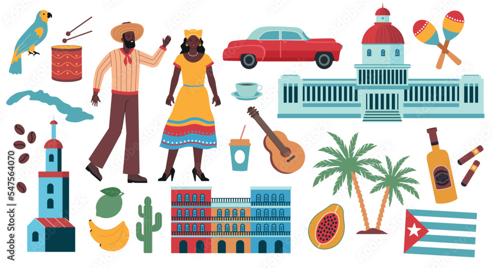 Set of Cuba elements. Stickers with beautiful characters in traditional Cuban costumes ...