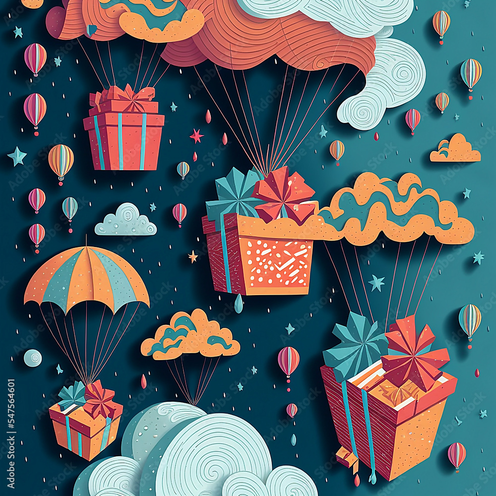 Papercraft paper cut layered illustration of presents and gifts raining ...