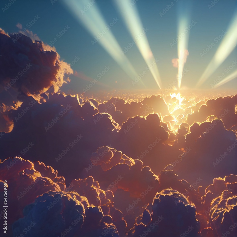 Hyper realistic illustration of sun rays peeking through the floating ...