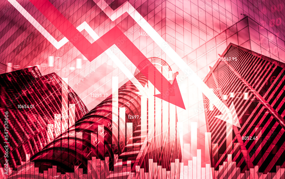 Stock market crash, declined economic, graph falling down and digital ...