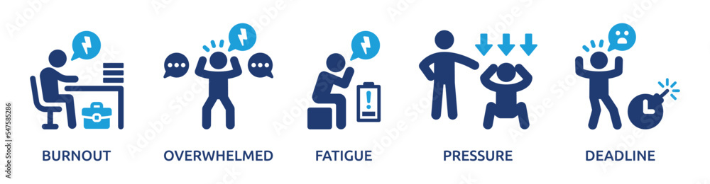 Worker mental health problem icon set. Burnout, overwhelmed, fatigue ...
