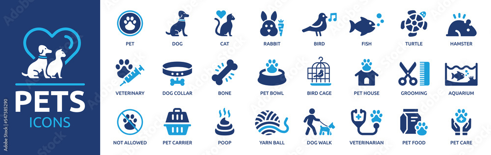 Pets icon set. Containing dog, cat, puppy, animals symbol. Animal care ...