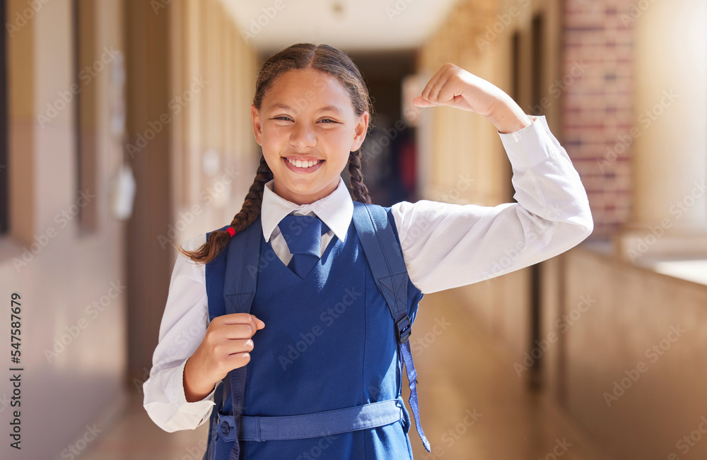 Education, school and student flexing arm for girl power, growth and ...