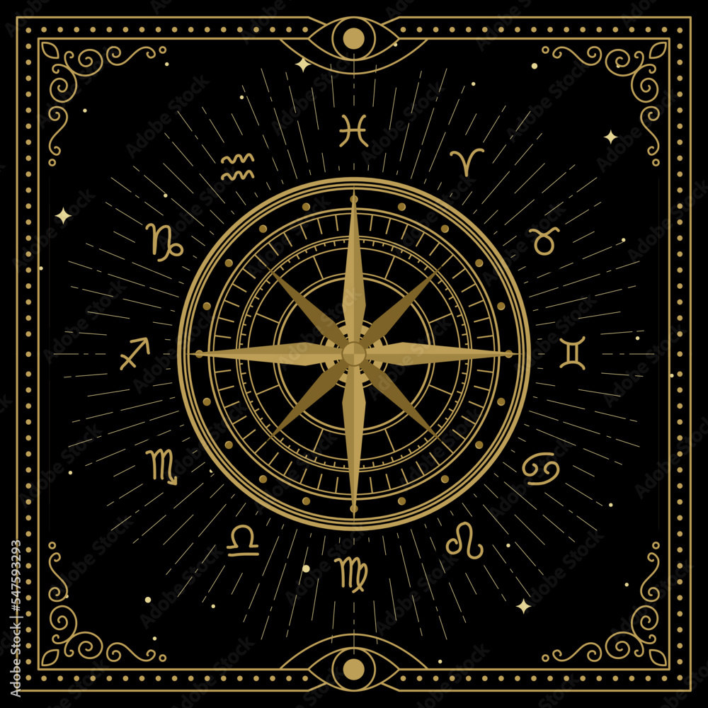 Golden luxury compass of fortune with zodiac signs Stock Vector | Adobe ...