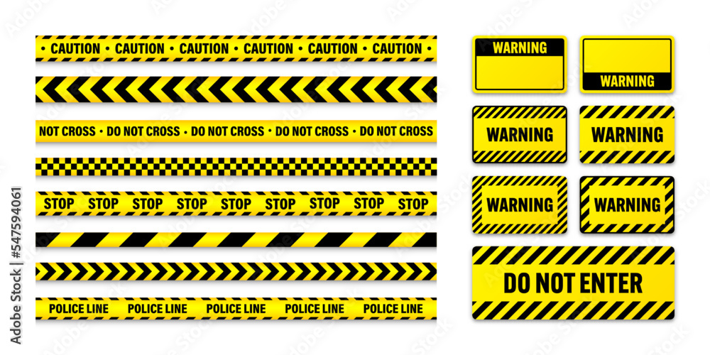 Various barricade construction tapes and warning shields. Yellow police ...