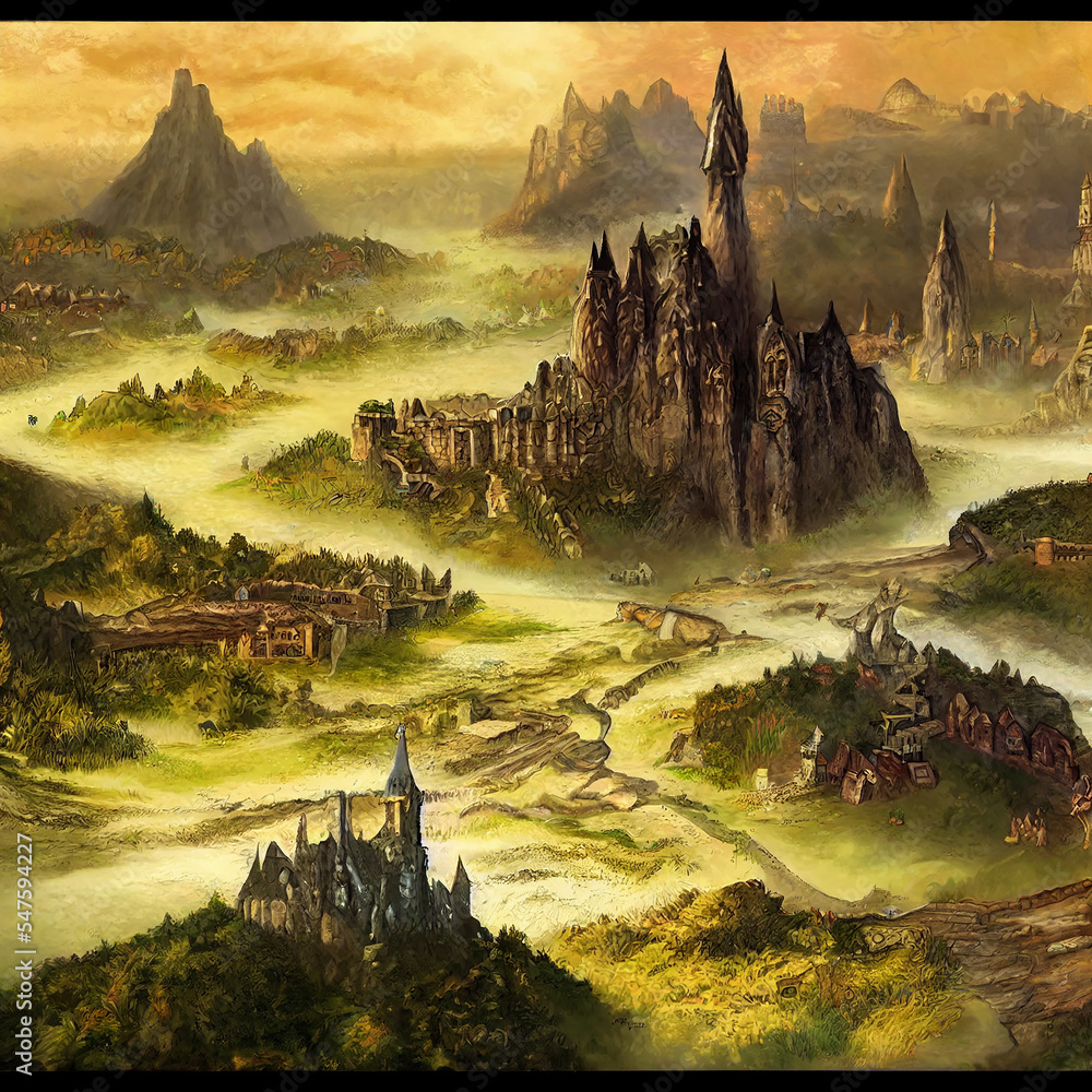 map, fantasy, elven city in woods, human medieval city ilustração do ...