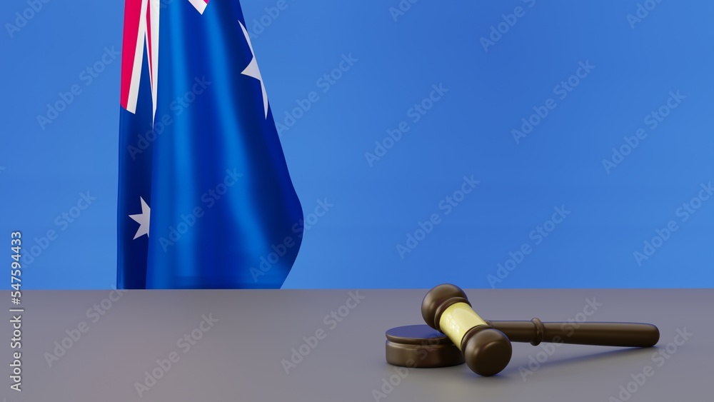 Australian court or judgment. Flag and wooden gavel of the judge on the ...