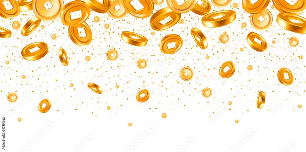 Golden rain of chinese traditional gold coins with square hole. Feng ...