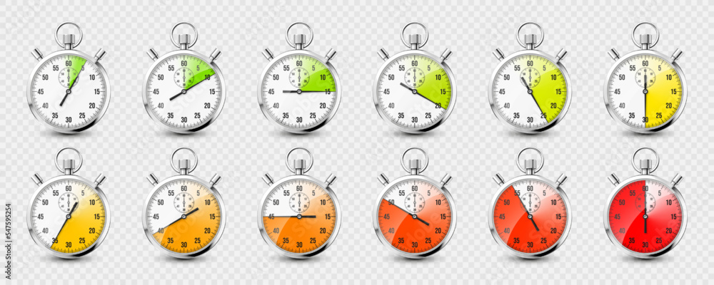 Realistic classic stopwatch icons. Shiny metal chronometer, time ...