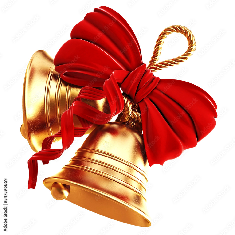 Golden Metal Jingle Bell With Red Bow Isolated Christmas Symbol Golden Metal Jingle Bell With Red Bow Isolated Christmas Symbol