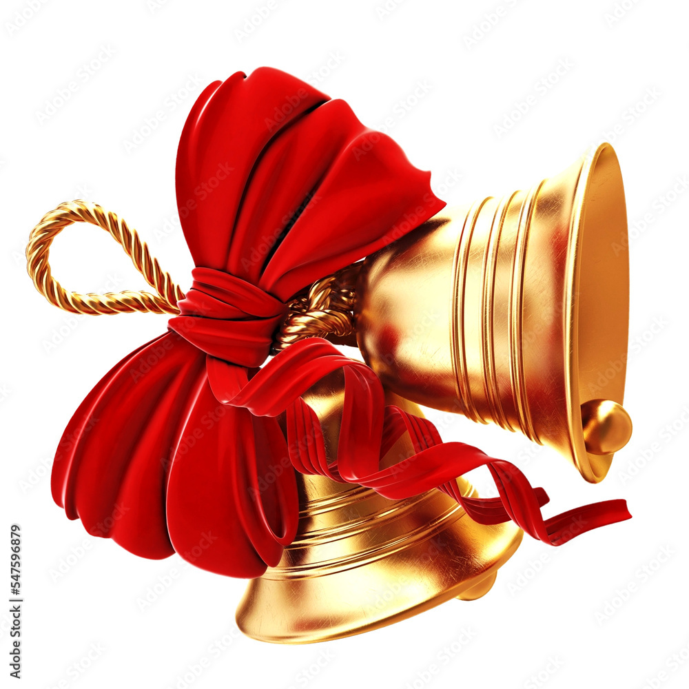 Golden metal jingle bell with red bow isolated , Christmas symbol ...