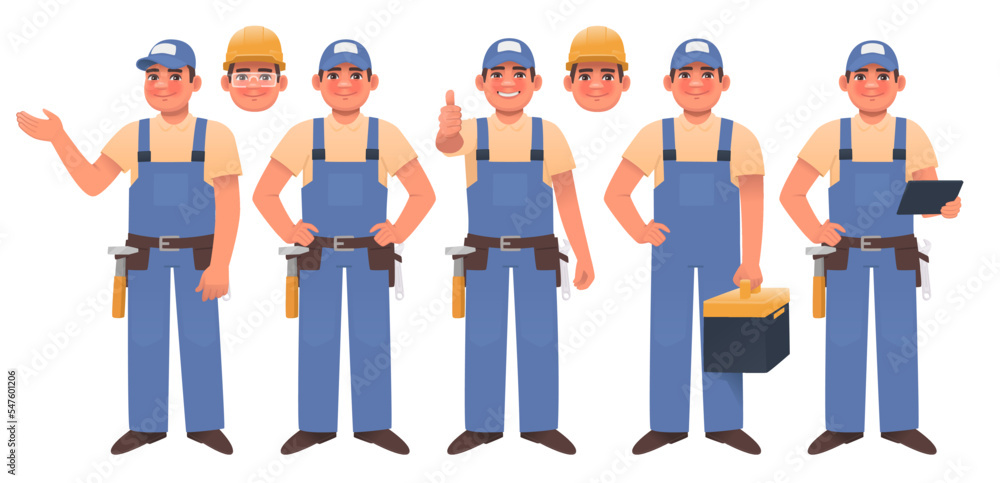 Handyman character set. Worker in different postures or actions ...