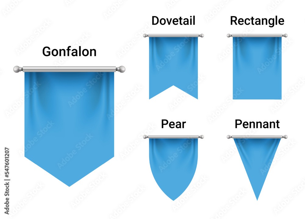 Set of Light Blue Flags mockup isolated on white background. Empty 3D ...