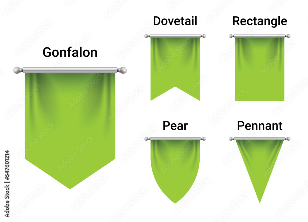 Set of Chartreuse Flags mockup isolated on white background. Empty 3D ...