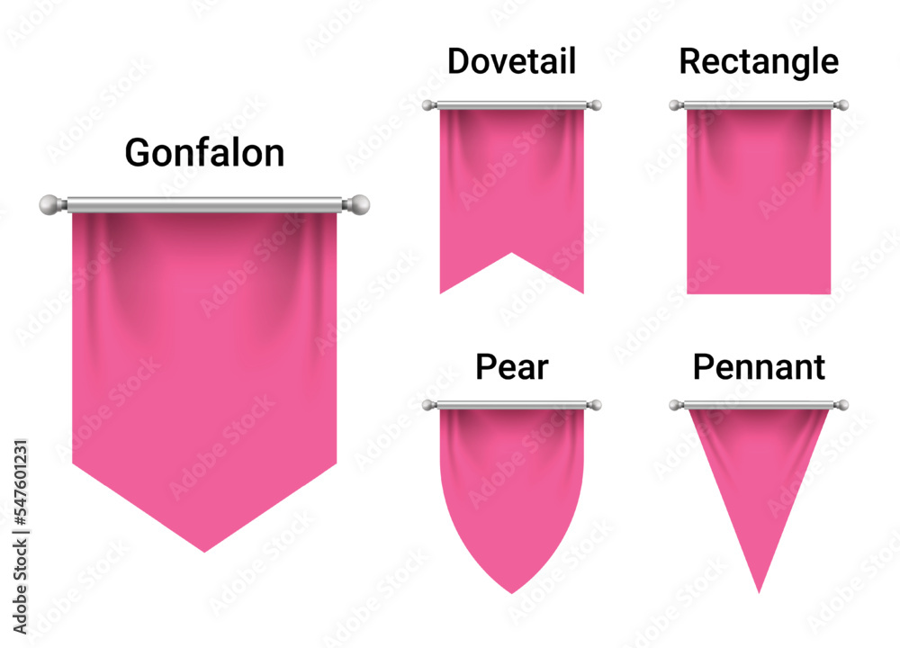Set of Pink Flags mockup isolated on white background. Empty 3D Pennant ...