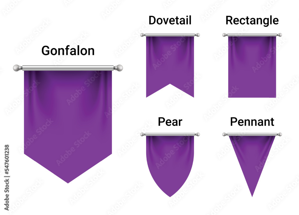 Set of Dark Purple Flags mockup isolated on white background. Empty 3D ...