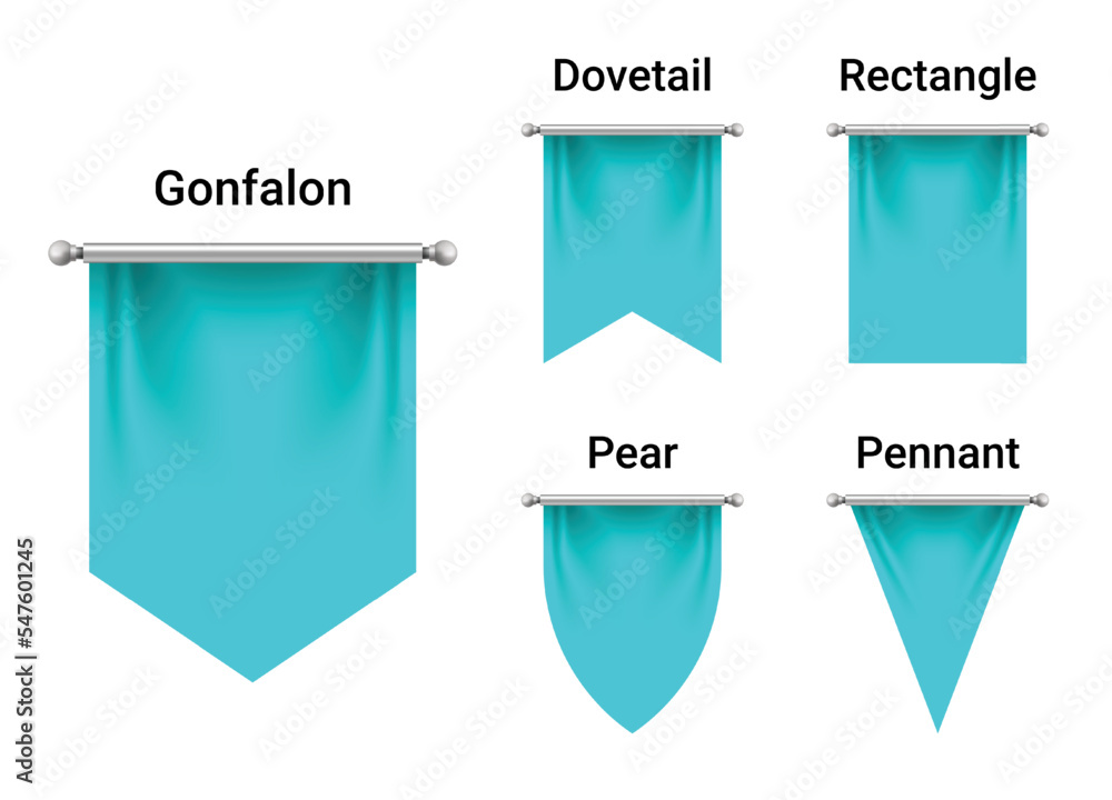 Set of Turquoise Flags mockup isolated on white background. Empty 3D ...