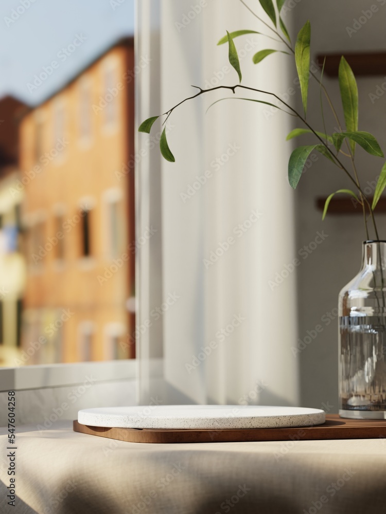 3d white granite display podium and plant in glass vase on the window ...