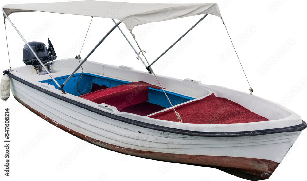 powerboat isolated on a transparent background. white boat with awning ...