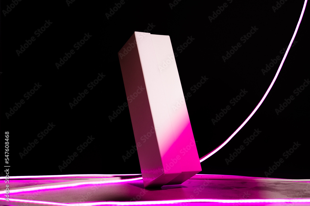 Square gift box mockup, led neon lights modern staging, dark backdrop ...